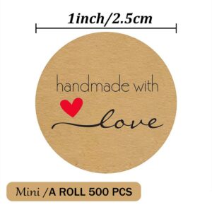 EIQOCCA Kraft Paper Thank You Stickers Handmade with Love, 1" Round Adhesive Label Stickers for Small Business Decorative Sealing Sticker (500pcs/Roll)