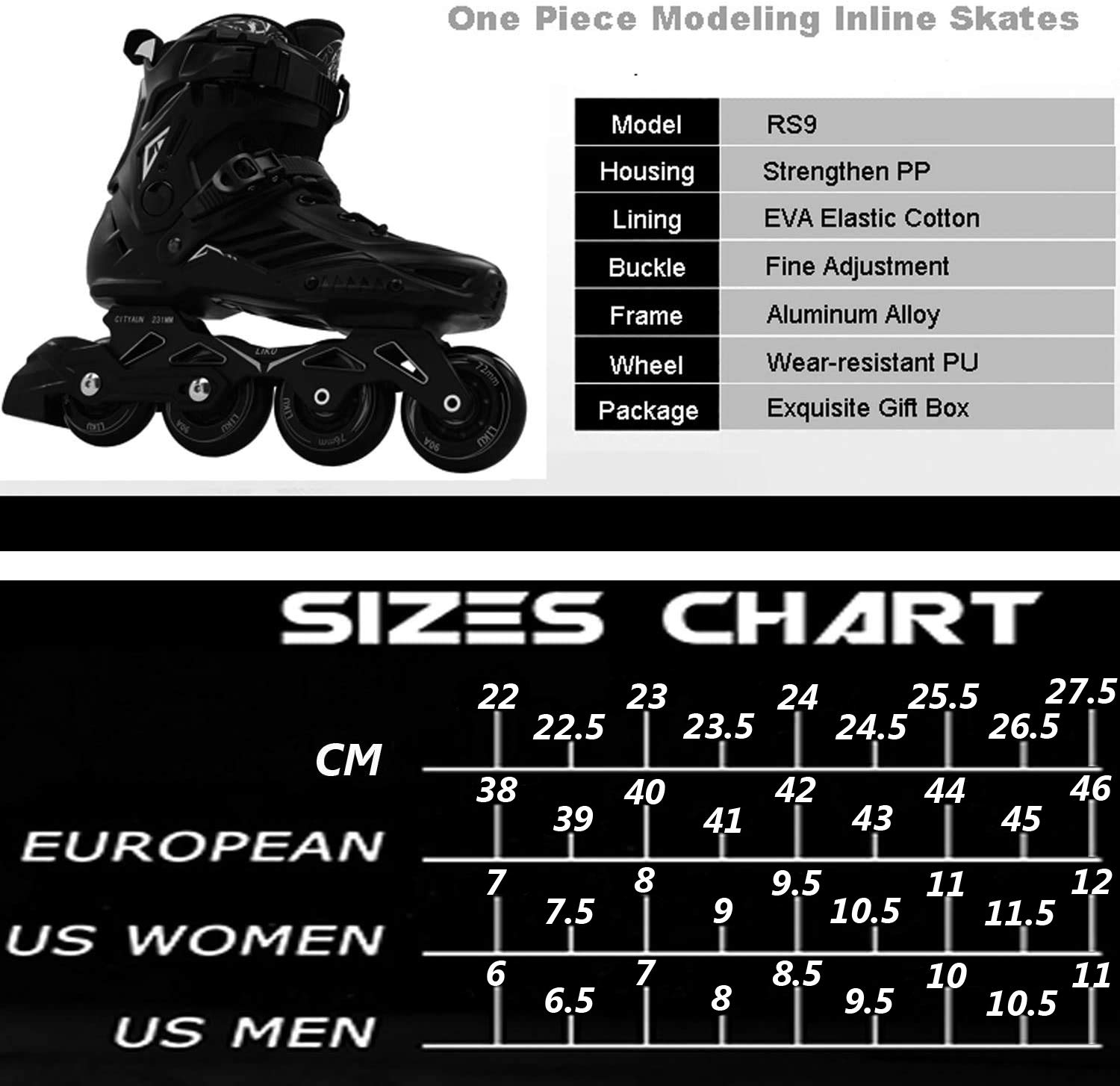 LIKU Black Professional Inline Skates Unisex (Men 11,Women 12)