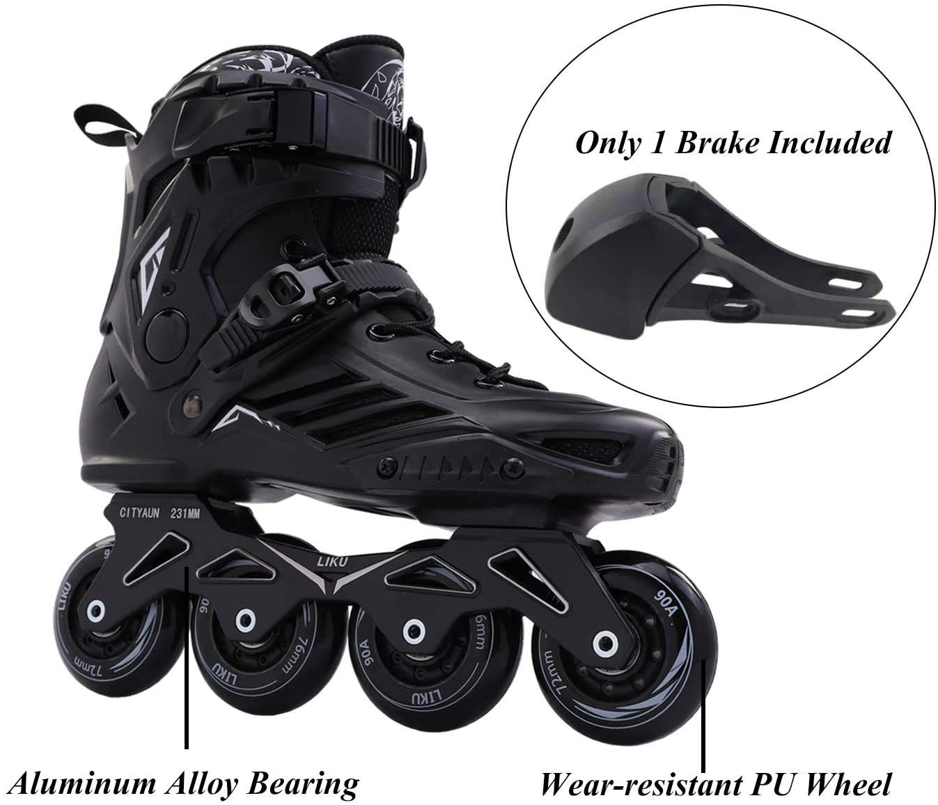 LIKU Black Professional Inline Skates Unisex (Men 11,Women 12)