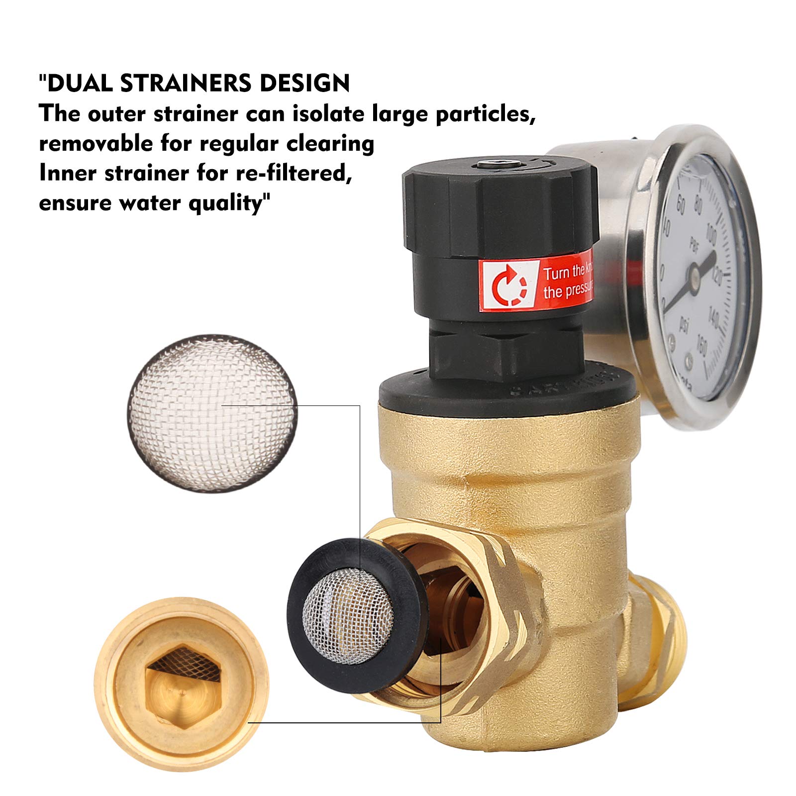 Solimeta Handle Adjustable Lead-Free Brass RV Pressure Regulator, Pressure Reducer with Liquid Filled Pressure Gauge 160psi and Inlet Screened Filter for Camper, Trailer, RV, Garden, Plumbing System