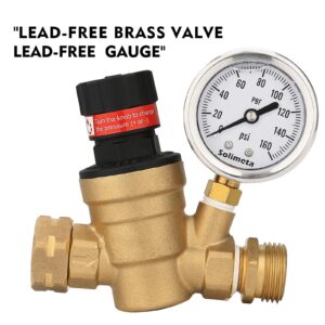 Solimeta Handle Adjustable Lead-Free Brass RV Pressure Regulator, Pressure Reducer with Liquid Filled Pressure Gauge 160psi and Inlet Screened Filter for Camper, Trailer, RV, Garden, Plumbing System