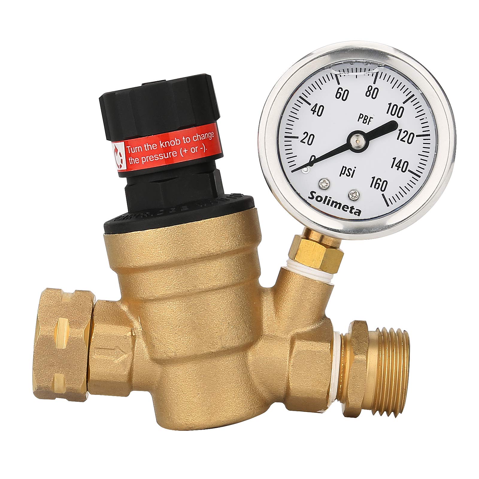 Solimeta Handle Adjustable Lead-Free Brass RV Pressure Regulator, Pressure Reducer with Liquid Filled Pressure Gauge 160psi and Inlet Screened Filter for Camper, Trailer, RV, Garden, Plumbing System