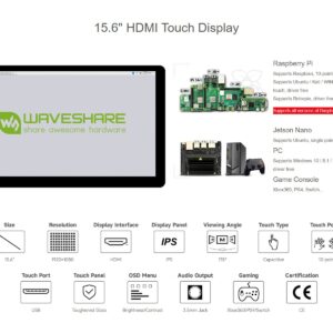 waveshare 15.6inch Capacitive Touch Screen LCD Compatible with Raspberry Pi 4B/3B+/3A+/2B/B+/A+/Zero/Zero W/WH/Zero 2W CM3+/4 1920×1080 Resolution HDMI IPS Supports Jetson Nano/Windows