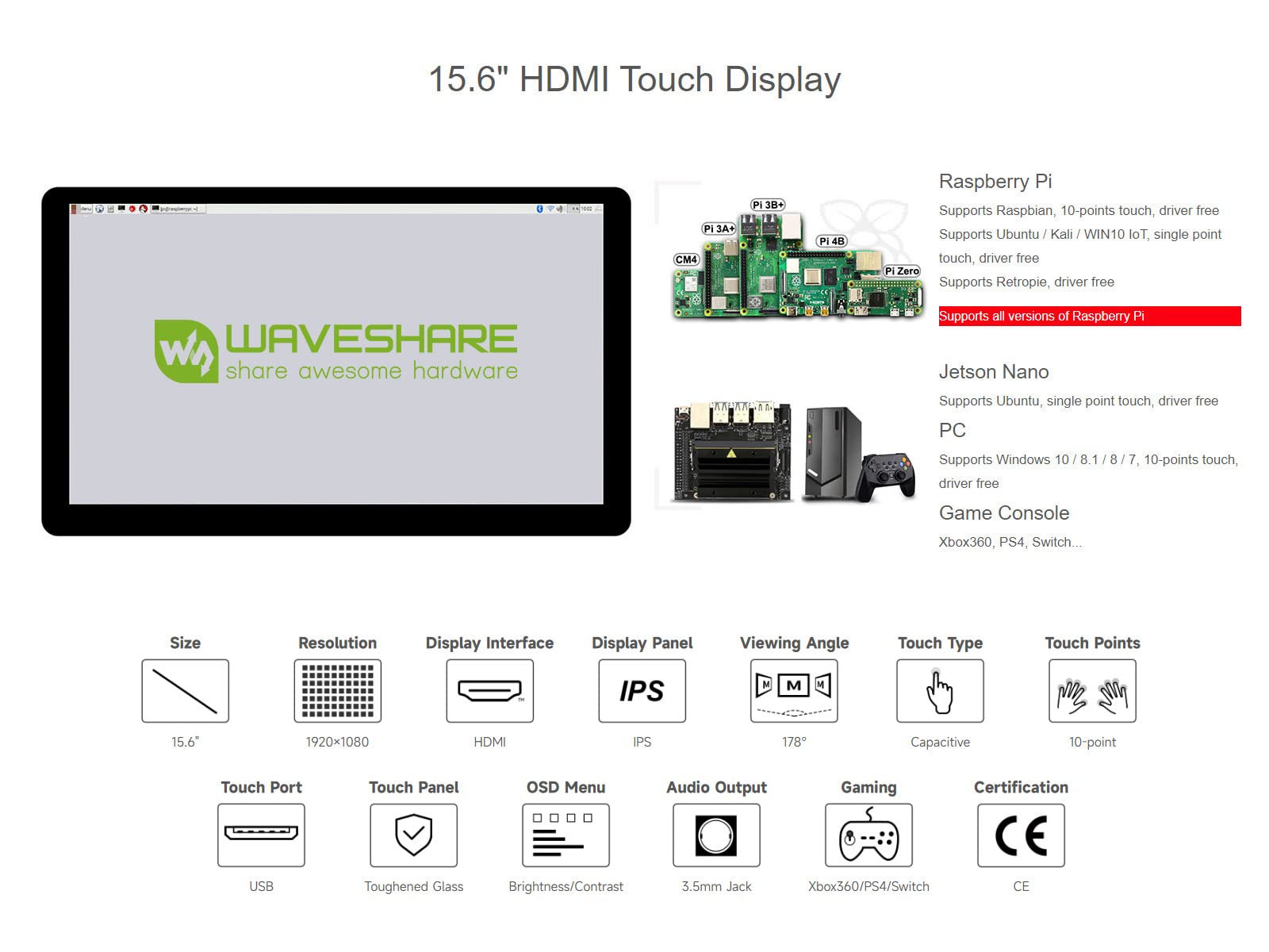 waveshare 15.6inch Capacitive Touch Screen LCD Compatible with Raspberry Pi 4B/3B+/3A+/2B/B+/A+/Zero/Zero W/WH/Zero 2W CM3+/4 1920×1080 Resolution HDMI IPS Supports Jetson Nano/Windows