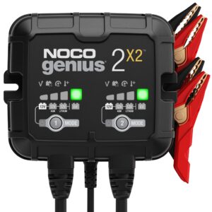 noco genius2x2, 2-bank, 4a (2a/bank) smart car battery charger, 6v/12v automotive charger, battery maintainer, trickle charger, float charger and desulfator for motorcycle, atv and lithium batteries