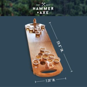 Hammer + Axe Mini Beer Pong Drinking Game, Portable Foldable Wood Tabletop Activity, Includes 25 Cups, 2 Balls, Carrying Bag, Tailgate College BBQ Party Game, College Dorm Gift, Alcohol Liquor Shots