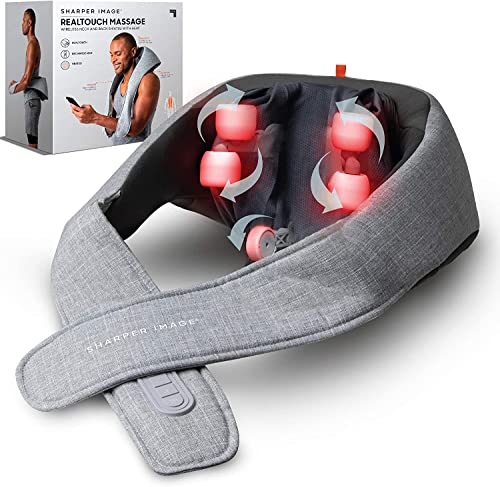 Sharper Image Realtouch Shiatsu Massager, Warming Heat Soothes Sore Muscles, Wireless & Rechargeable - Best Massager for Neck Back Shoulders Feet Legs, Kneading Massage Pillow, Pain Relief Gift