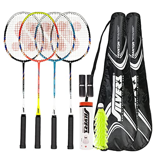 Silver’s 4 Player Uni-Piece Semi-Graphite Badminton Racket Set | Includes 4 Rackets, 2 Badminton Bags, 6 Nylon Shuttlecocks and 2 Extra Replacement Overgrip Tapes.