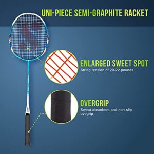 Silver’s 4 Player Uni-Piece Semi-Graphite Badminton Racket Set | Includes 4 Rackets, 2 Badminton Bags, 6 Nylon Shuttlecocks and 2 Extra Replacement Overgrip Tapes.