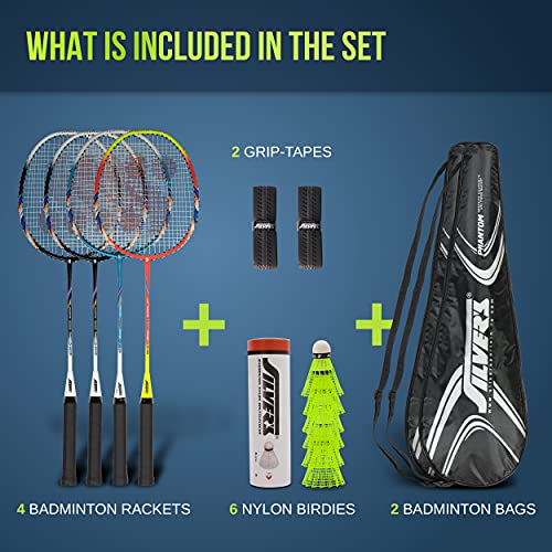 Silver’s 4 Player Uni-Piece Semi-Graphite Badminton Racket Set | Includes 4 Rackets, 2 Badminton Bags, 6 Nylon Shuttlecocks and 2 Extra Replacement Overgrip Tapes.