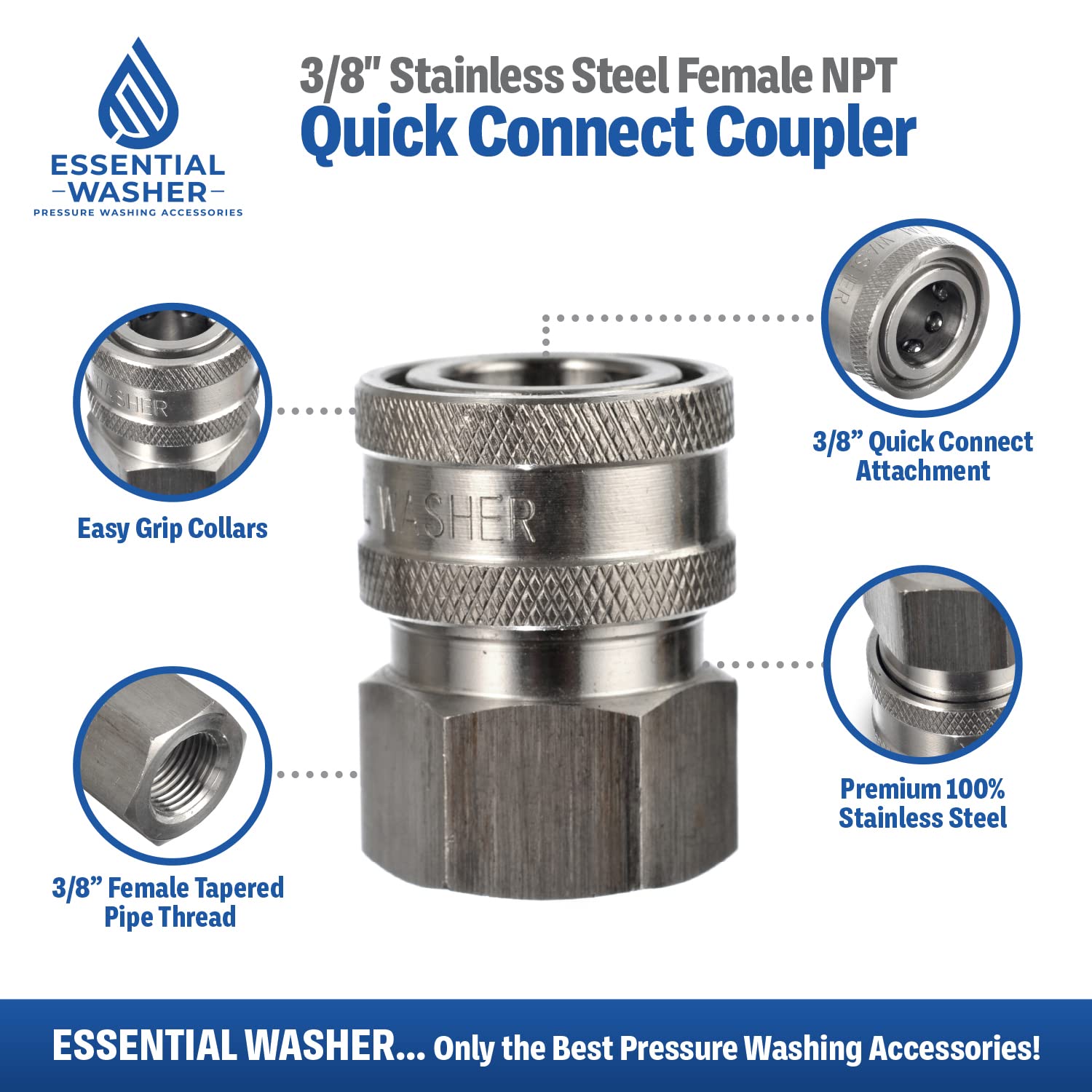 3/8 Quick Connect Fittings by ESSENTIAL WASHER - Set of 2 – 3/8 Inch Female Stainless Steel Pressure Washer Quick Connect Fittings - Quality Pressure Washer Quick Connect Kit 2-Pack