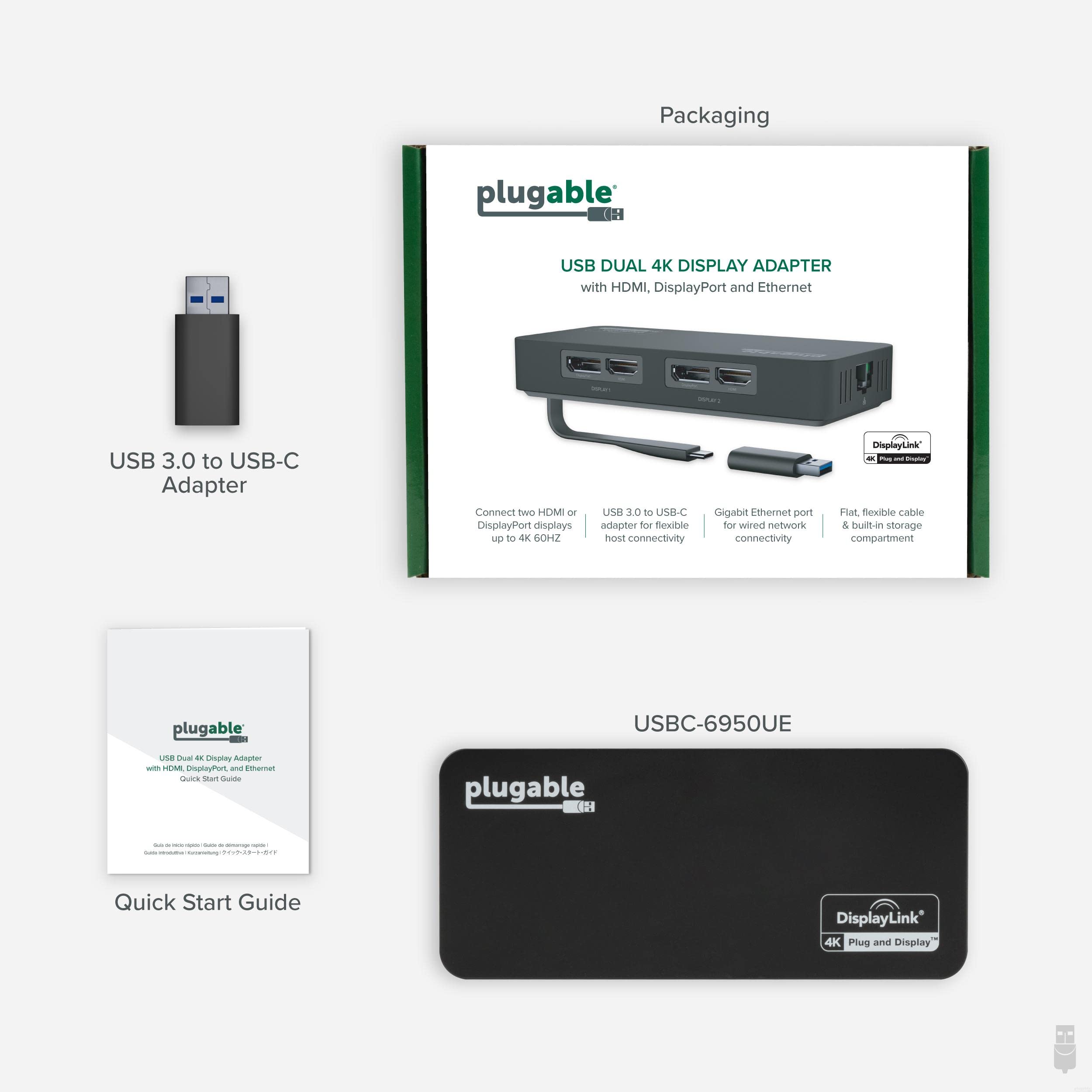 Plugable 4K DisplayPort and HDMI Dual Monitor Adapter with Ethernet for USB 3.0 and USB-C, Compatible with Windows and Mac