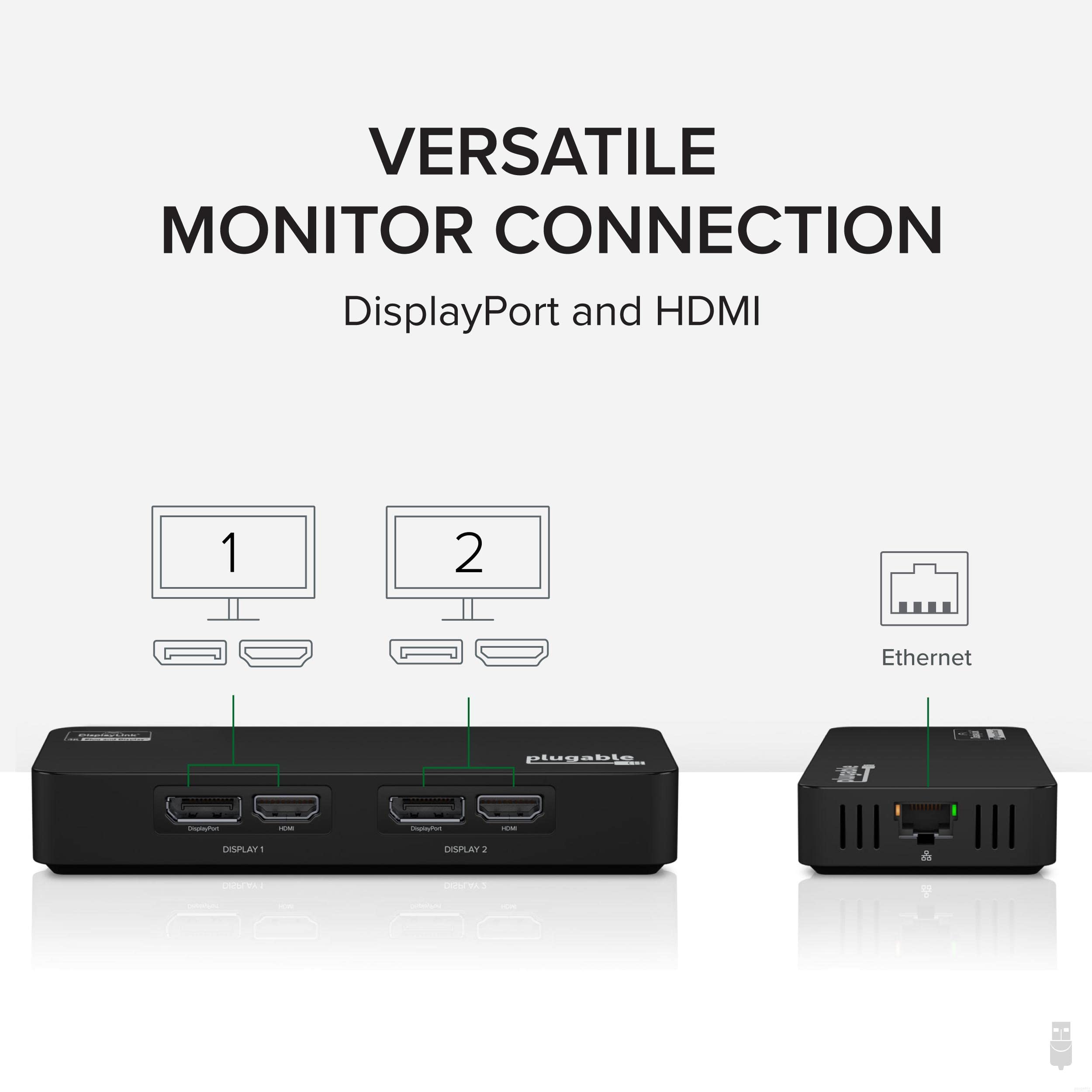 Plugable 4K DisplayPort and HDMI Dual Monitor Adapter with Ethernet for USB 3.0 and USB-C, Compatible with Windows and Mac