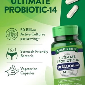 Nature's Truth Probiotic 50 Billion CFU | 200mg Prebiotics | 60 Capsules | Vegetarian, Non GMO & Gluten Free Supplement for Men and Women | Supports Digestive Health