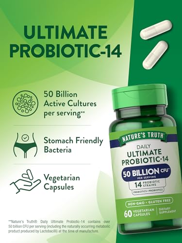 Nature's Truth Probiotic 50 Billion CFU | 200mg Prebiotics | 60 Capsules | Vegetarian, Non GMO & Gluten Free Supplement for Men and Women | Supports Digestive Health