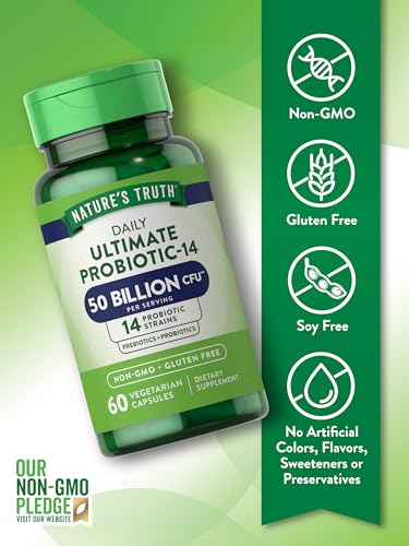 Nature's Truth Probiotic 50 Billion CFU | 200mg Prebiotics | 60 Capsules | Vegetarian, Non GMO & Gluten Free Supplement for Men and Women | Supports Digestive Health