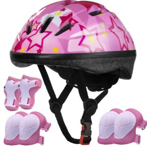 kids bike helmet with knee pads, elbow pads, wrist guards - adjustable, ages 3-8 - for cycling, skating, skateboard (pink star)