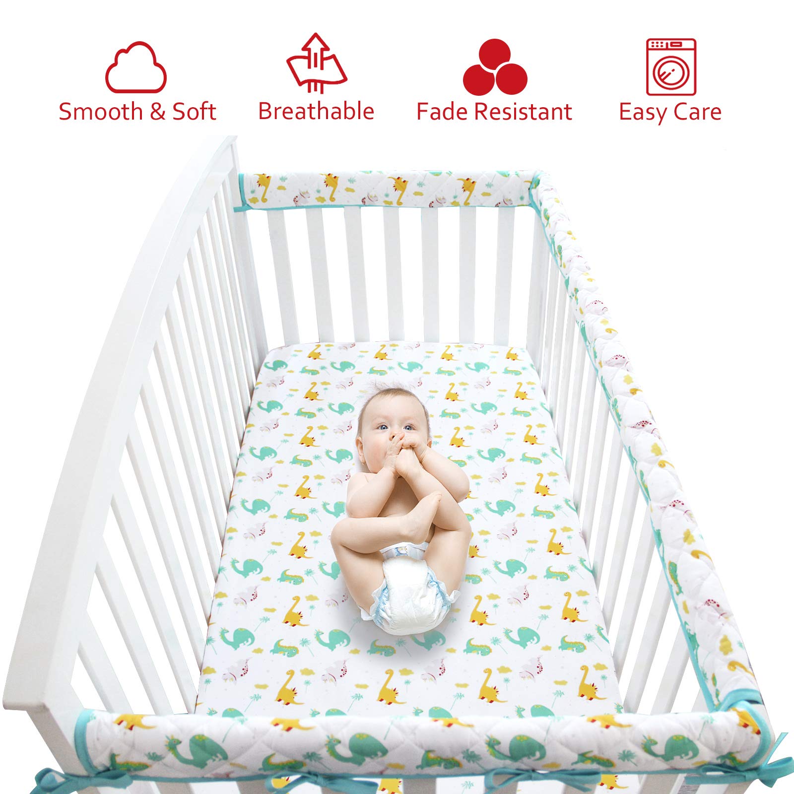 Mini Crib Sheets Fitted Compatible with Graco Playard Playpen, Breathable and Soft Fabric Pack and Play Sheets Suitable for Baby Boys or Girls Everyday Use - Dinosaur Paradise