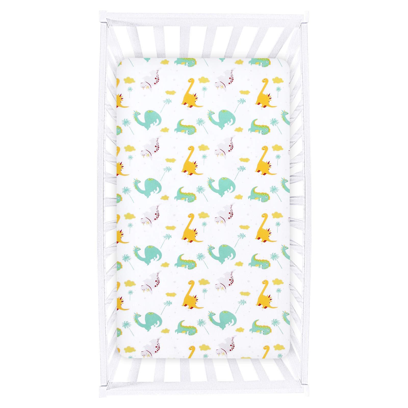 Mini Crib Sheets Fitted Compatible with Graco Playard Playpen, Breathable and Soft Fabric Pack and Play Sheets Suitable for Baby Boys or Girls Everyday Use - Dinosaur Paradise