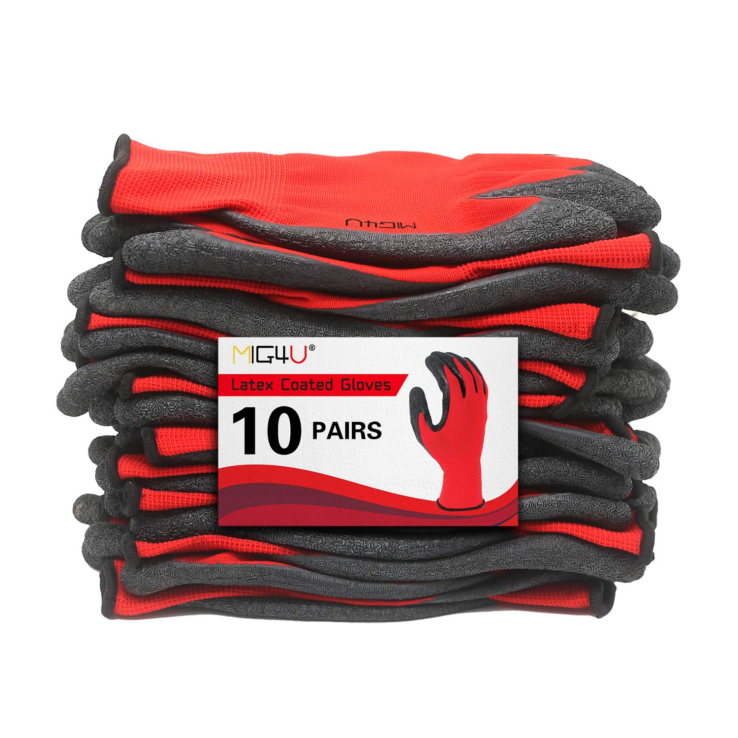 MIG4U 10 Pairs Crinkle Latex Work Gloves - Enhanced Grip for Gardening, Warehouse Package Handling - Red,X-Large