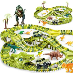 ko-on dinosaur toys,280pcs for kids create a dinosaur world race track,flexible race track with 2 electric race cars,christmas birthday gift for boys girls age 3 4 5 6 7 year old and up