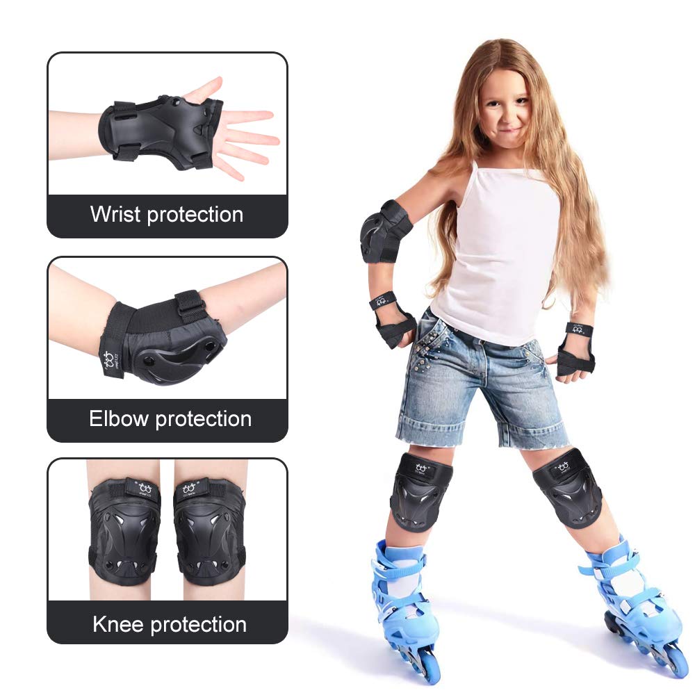 boruizhen Kids/Youth knee and Elbow Pads with Wrist Guards Protective Gear Set for Skating Skateboarding Cycling Biking Scooter and Multi Sports (Black, Medium (8-14 years))