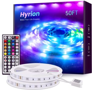 hyrion 50 ft led strip lights smd 5050 led lights strip with 44 keys remote, 12 volt dimmable rgb color changing led lights for bedroom,living room,kitchen,home decor