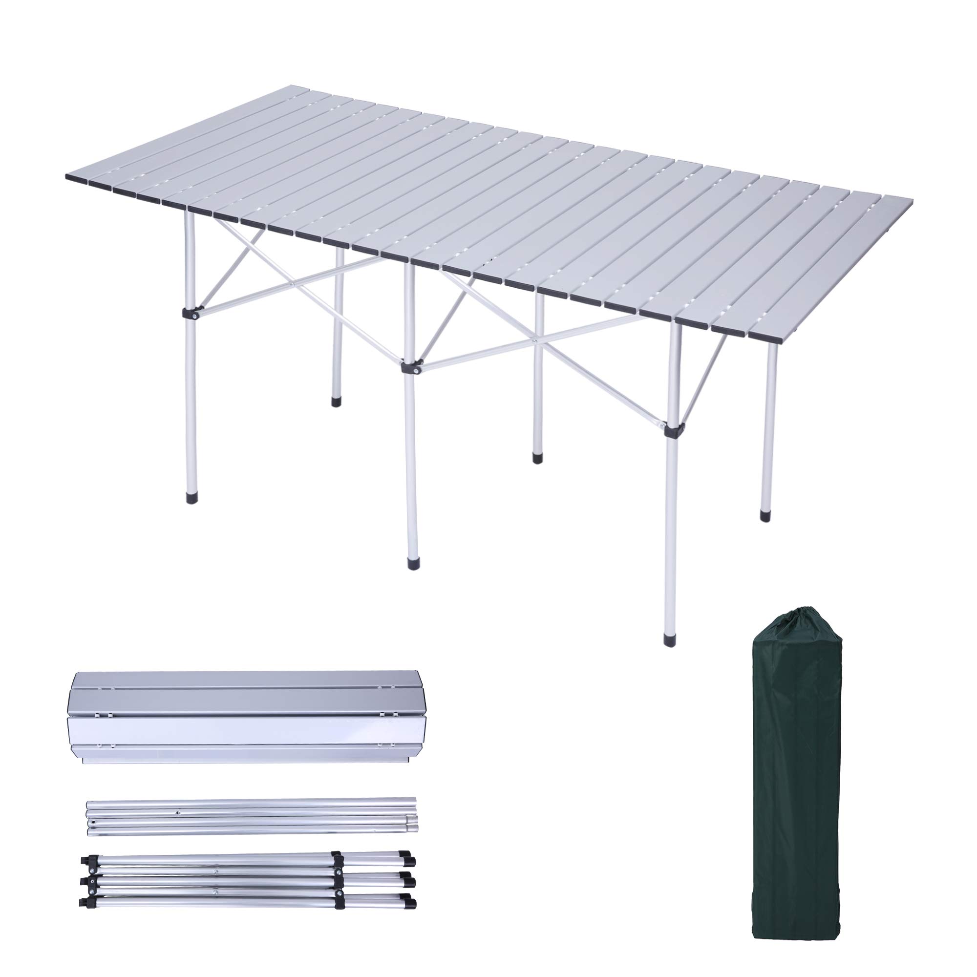 Koreyosh Folding Camping Picnic Table 55 Inches Portable Roll Up Lightweight Compact Aluminum Outdoor Table with Carry Bag for Party,Beach, BBQ, Buffet (Silver)