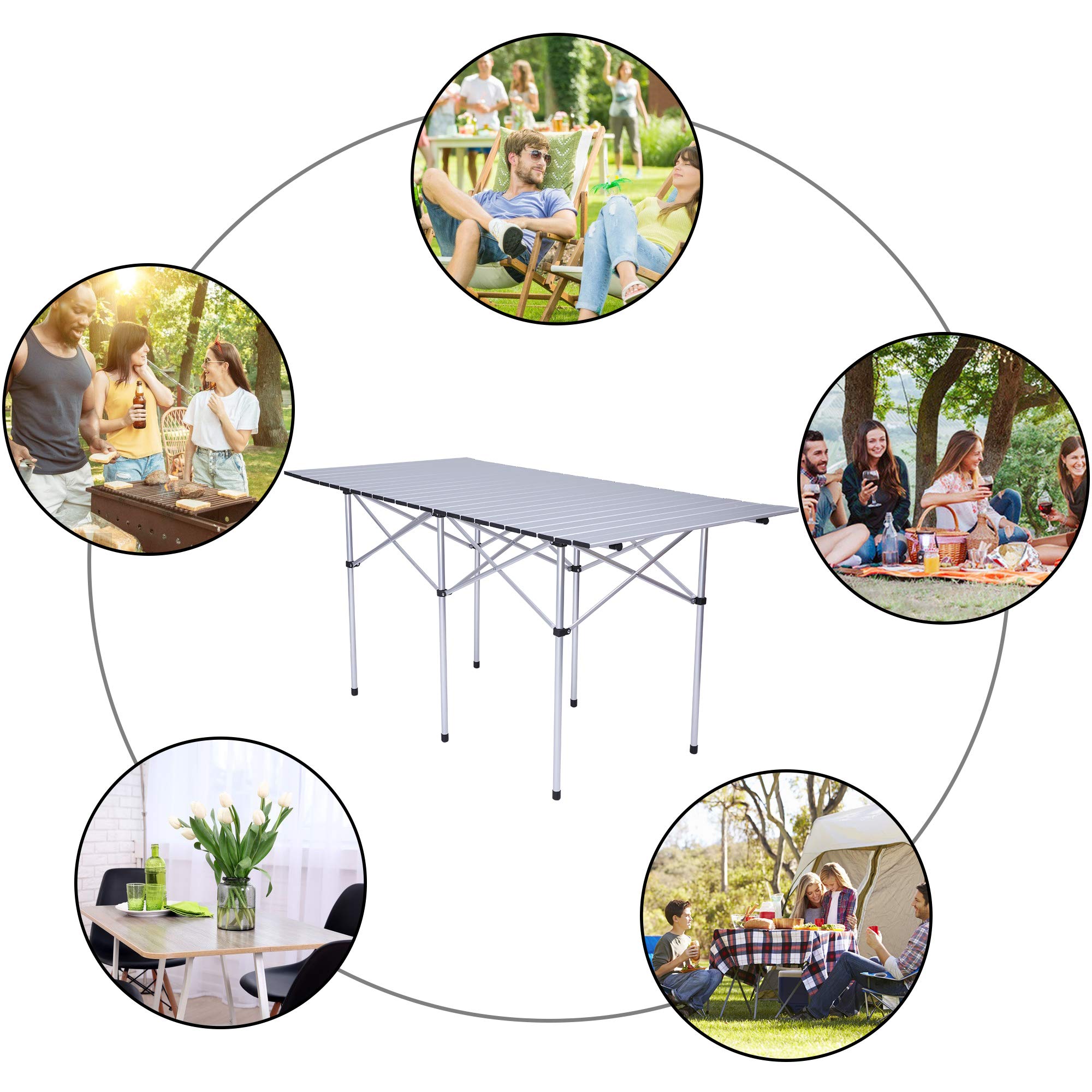 Koreyosh Folding Camping Picnic Table 55 Inches Portable Roll Up Lightweight Compact Aluminum Outdoor Table with Carry Bag for Party,Beach, BBQ, Buffet (Silver)