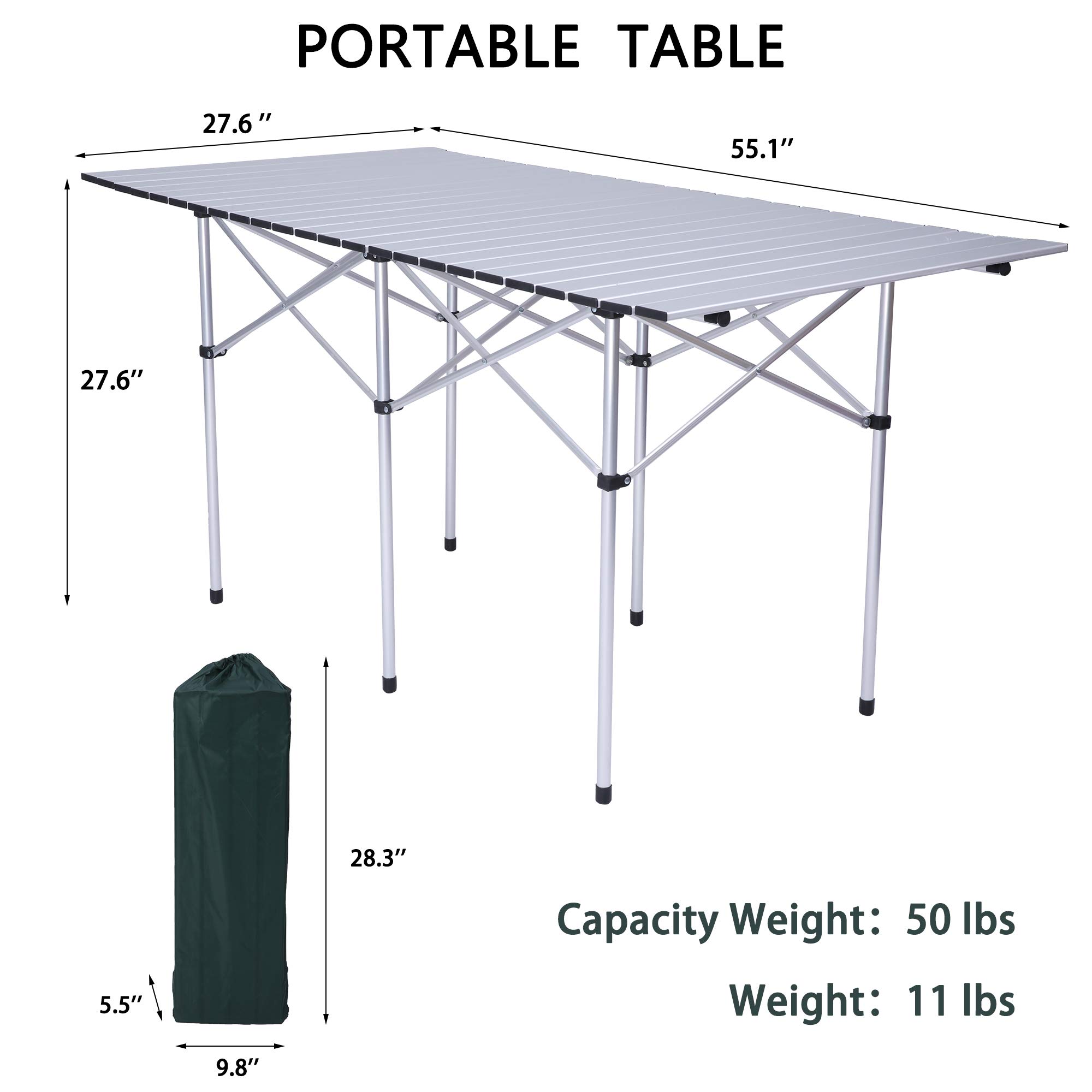 Koreyosh Folding Camping Picnic Table 55 Inches Portable Roll Up Lightweight Compact Aluminum Outdoor Table with Carry Bag for Party,Beach, BBQ, Buffet (Silver)