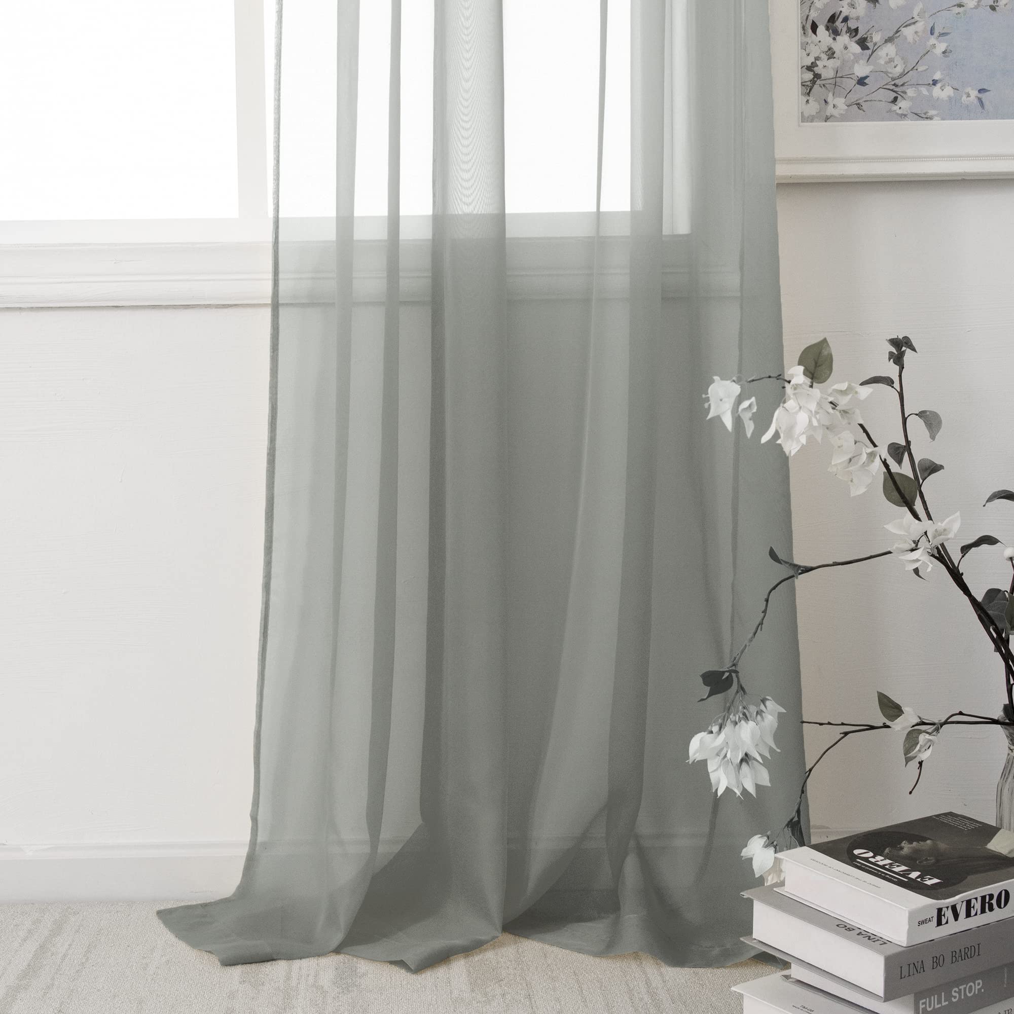 HUTO Sage Grey Sheer Curtains 54 inches Long for Bedroom Top Rod Pocket Sheer Window Panels Curtains for Nursery Living Room 52 by 54 Inch Length Set of 2