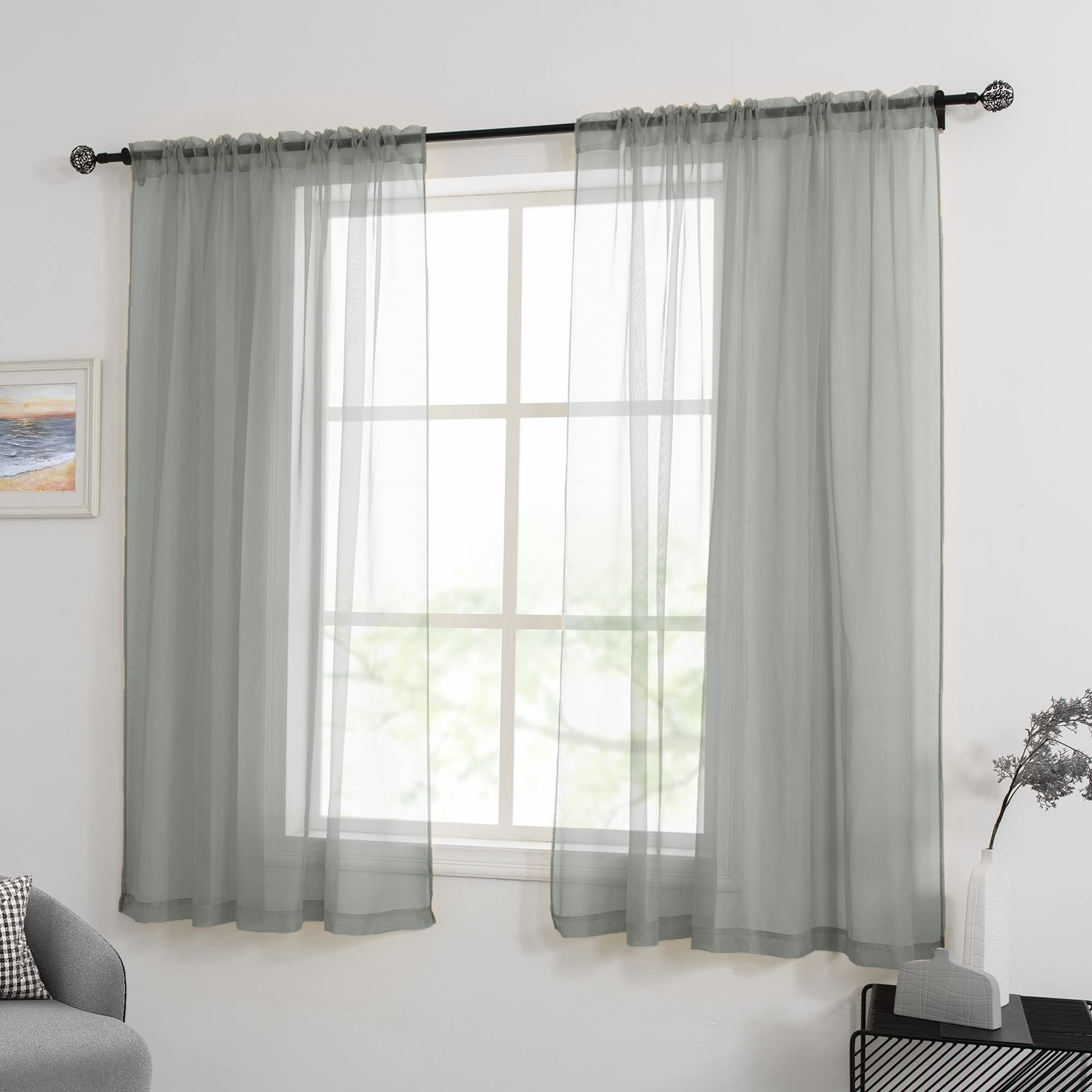 HUTO Sage Grey Sheer Curtains 54 inches Long for Bedroom Top Rod Pocket Sheer Window Panels Curtains for Nursery Living Room 52 by 54 Inch Length Set of 2