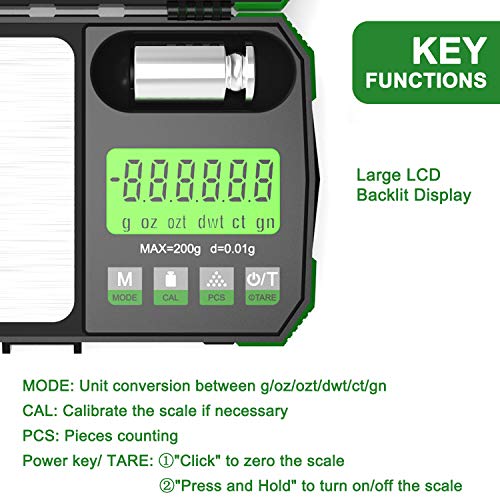 Gram Scale Pocket Size, 200/0.01g Small Scale w/Tray, Herb Coin Scale LCD Backlight Arrow Scale with USB Power Supply Port Read in 6 Units 50g Calibration Weight Included