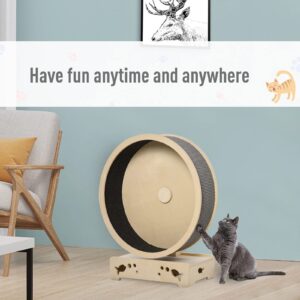 PawHut Round Hamster-Wheel Style Cat Exercise Wheel with Carpet Runway, Wooden Sisal-Covered with Unique Design Grey