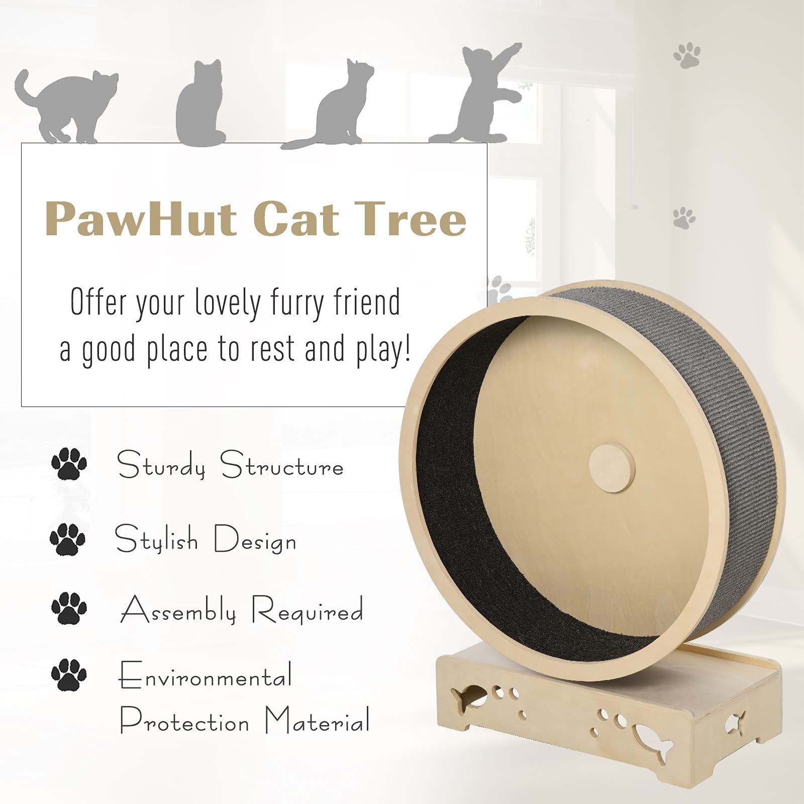 PawHut Round Hamster-Wheel Style Cat Exercise Wheel with Carpet Runway, Wooden Sisal-Covered with Unique Design Grey