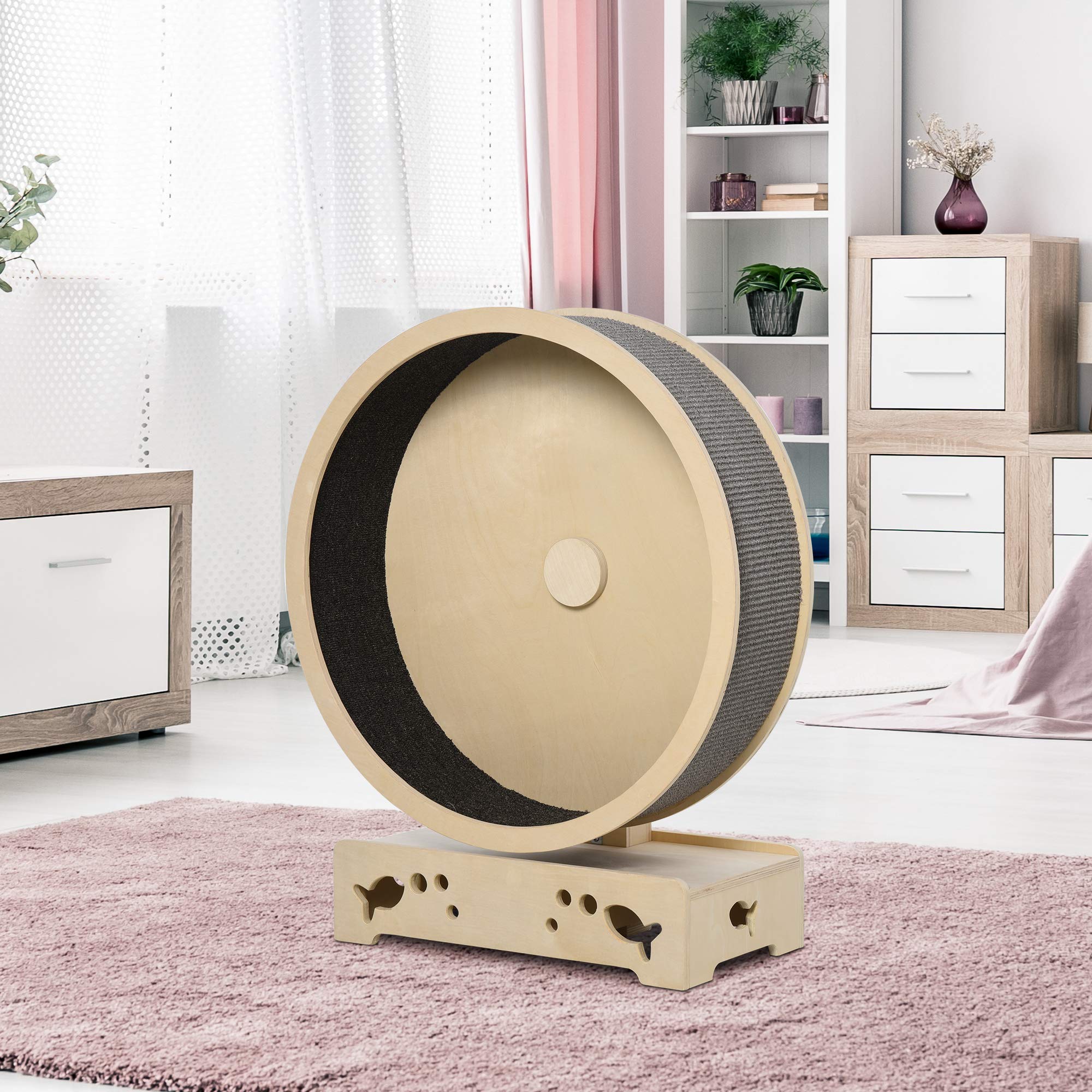 PawHut Round Hamster-Wheel Style Cat Exercise Wheel with Carpet Runway, Wooden Sisal-Covered with Unique Design Grey