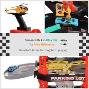 Qaba 3-Level Parking Garage Toy Car Playset with Racetrack, Helicopter Ramp, Elevator, and Cars for Boys and Girls