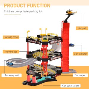 Qaba 3-Level Parking Garage Toy Car Playset with Racetrack, Helicopter Ramp, Elevator, and Cars for Boys and Girls