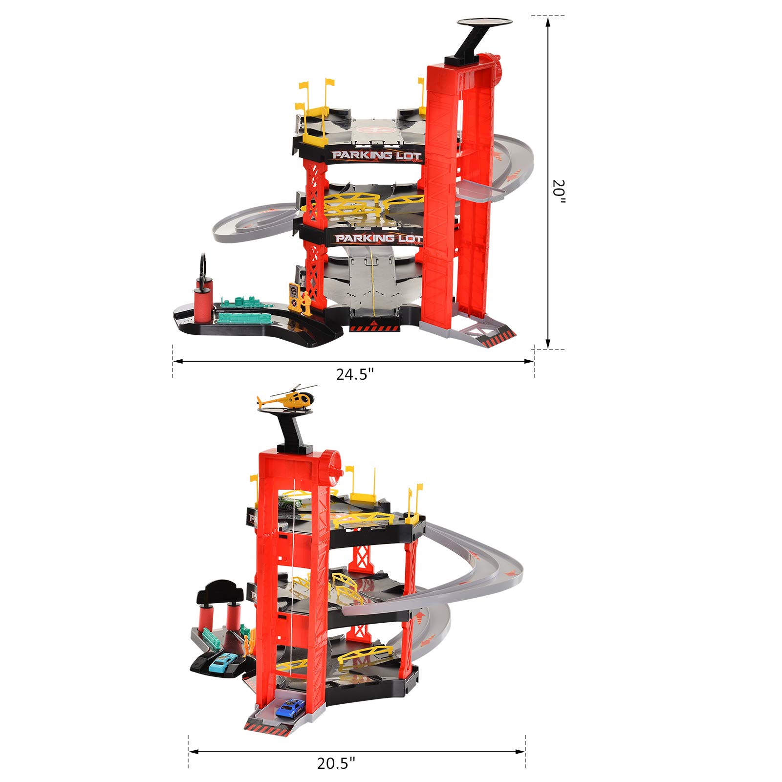 Qaba 3-Level Parking Garage Toy Car Playset with Racetrack, Helicopter Ramp, Elevator, and Cars for Boys and Girls