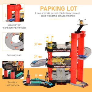 Qaba 3-Level Parking Garage Toy Car Playset with Racetrack, Helicopter Ramp, Elevator, and Cars for Boys and Girls