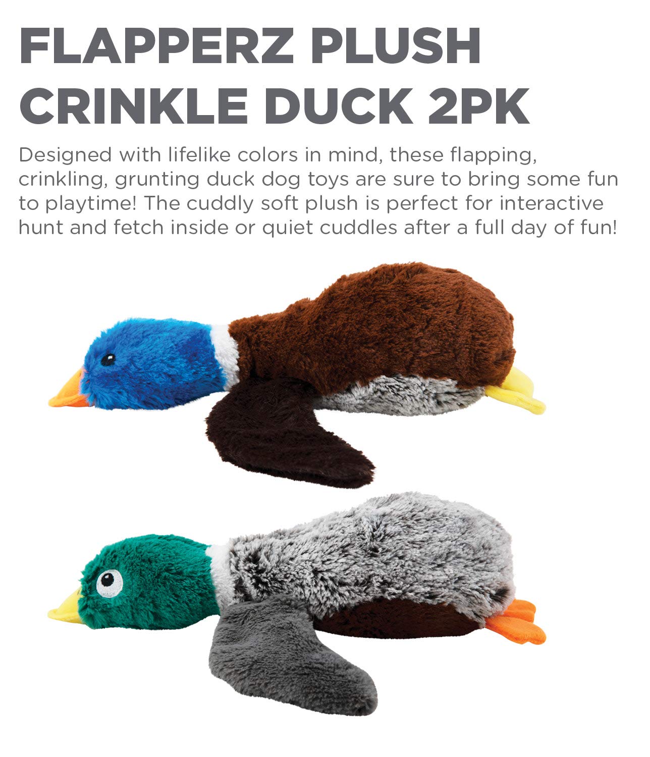 Outward Hound Flapperz Plush Crinkle Duck Dog Toy, 2-Pack - Grunt, Crinkle & Flop, Small