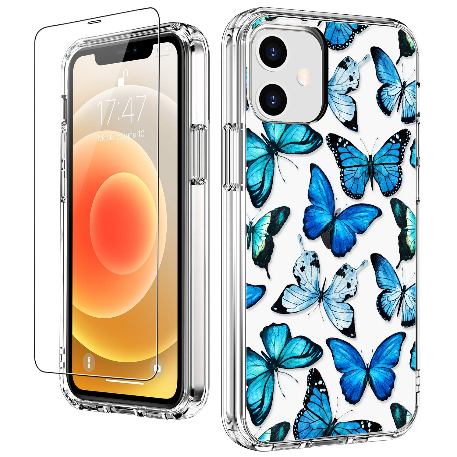 LUHOURI Designed for iPhone 12 Mini Case with Screen Protector - Slim Fit, Sturdy Clear Acrylic Cover for Women and Girls - Protective Phone Case 5.4" - Floral Blue Butterflies