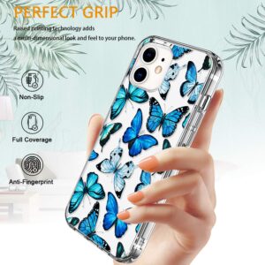 LUHOURI Designed for iPhone 12 Mini Case with Screen Protector - Slim Fit, Sturdy Clear Acrylic Cover for Women and Girls - Protective Phone Case 5.4" - Floral Blue Butterflies