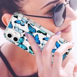 LUHOURI Designed for iPhone 12 Mini Case with Screen Protector - Slim Fit, Sturdy Clear Acrylic Cover for Women and Girls - Protective Phone Case 5.4" - Floral Blue Butterflies