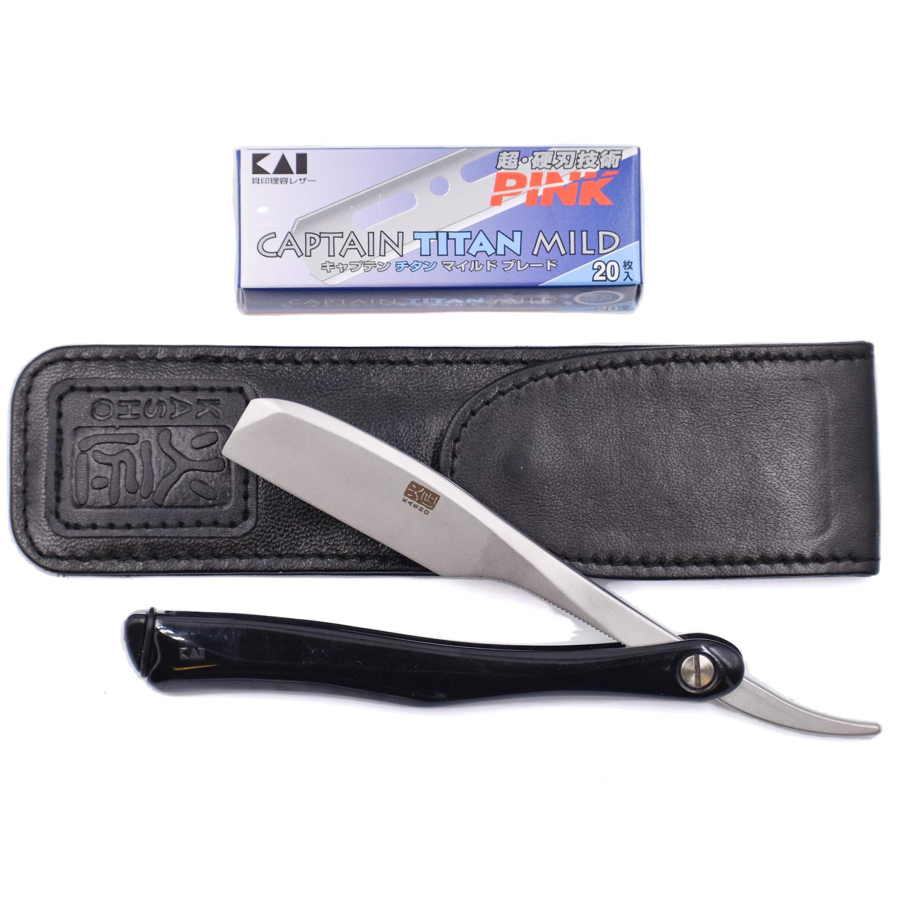 Kai Kasho Captain Japanese Professional Folding Straight Edge Barbering Razor with Leather Case - 20 Kai Captain Titan Blades Included - Also Compatible with Feather Artist Club Blades