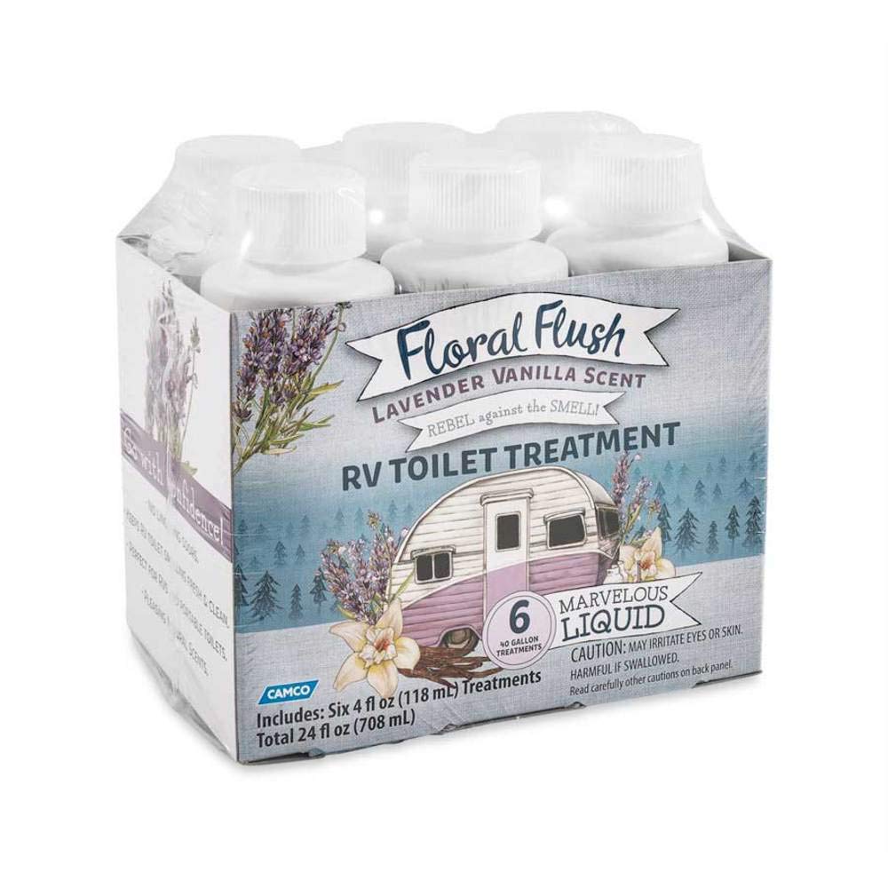 Camco 41480 Floral Flush RV Toilet Treatment Singles, Lavender Vanilla Scent - Eliminates Odors and Breaks Down Waste - Each Bottle Treats Up to 40-gallons - Contains (6) 4 oz. Bottles