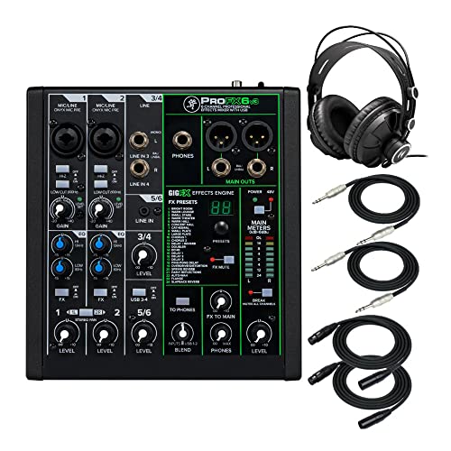 Mackie ProFX6v3 6-Channel Professional Effects Mixer with USB Bundle - Includes Knox Gear TX-100 Closed-Back Studio Monitor Headphones, 1/4" TRS Cables, & XLR Cables (6 Items)