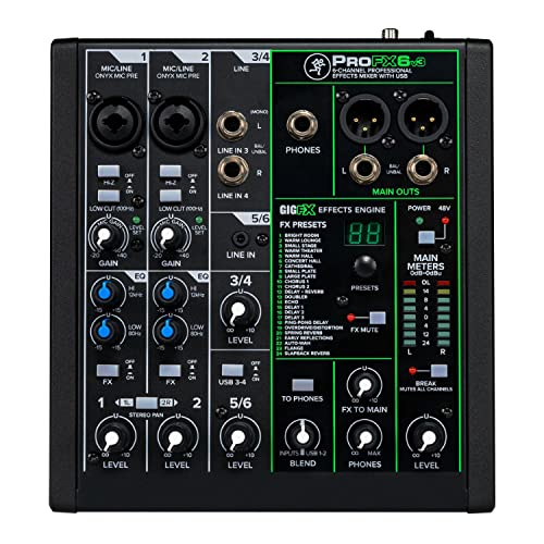 Mackie ProFX6v3 6-Channel Professional Effects Mixer with USB Bundle - Includes Knox Gear TX-100 Closed-Back Studio Monitor Headphones, 1/4" TRS Cables, & XLR Cables (6 Items)