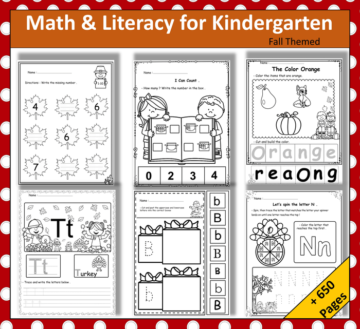 Math and Literacy for Kindergarten : +650 Worksheets fall themed