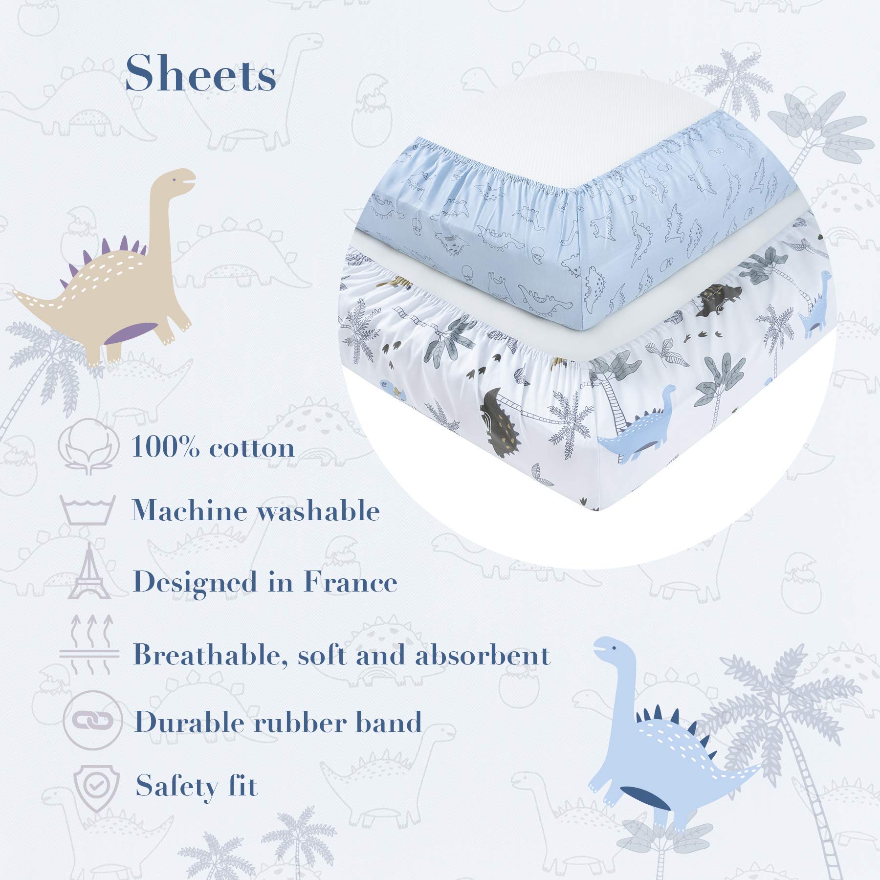 My Little Zone 100% Cotton Crib Fitted Sheets for Baby Boys and Girls, Dinosaur - Breathable Toddler Bed Sheet Set - Dino Safari, 28x52 with 8" Deep Pocket, Blue-White, 2 Pack